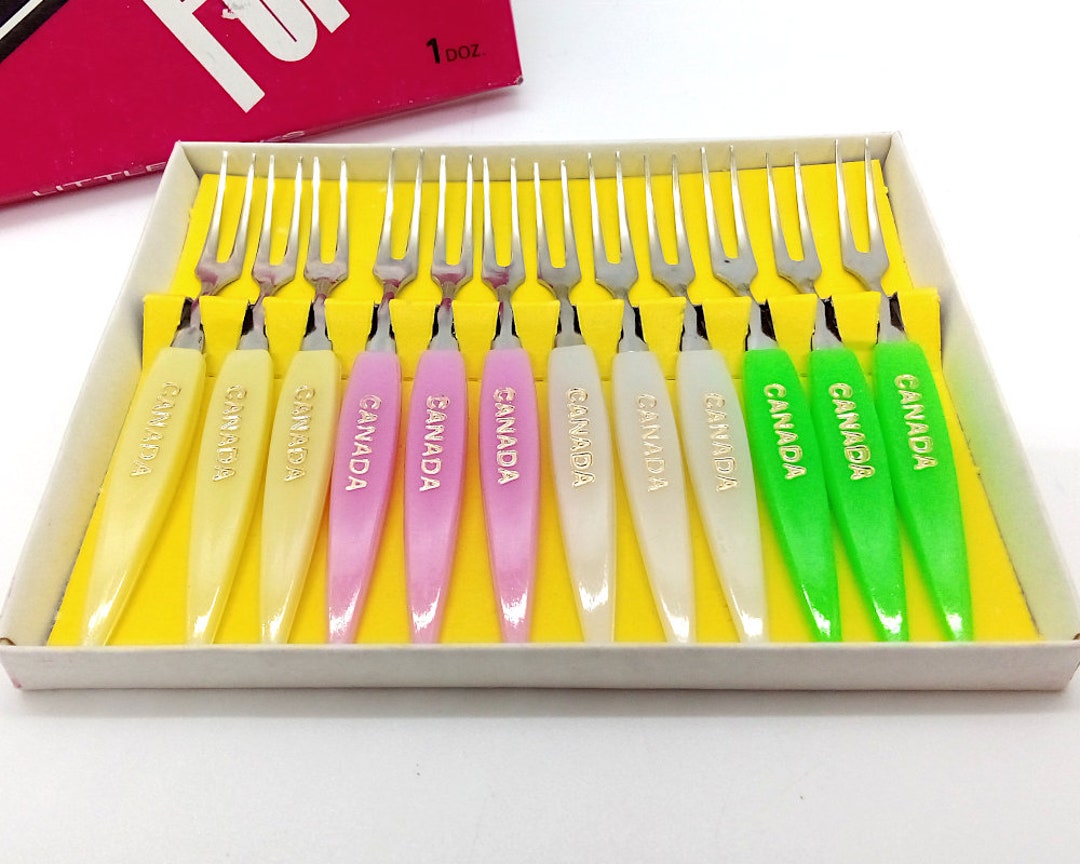 Little Forks Set of 12 Stainless Steel Cocktail Forks, Coloured Handle ...