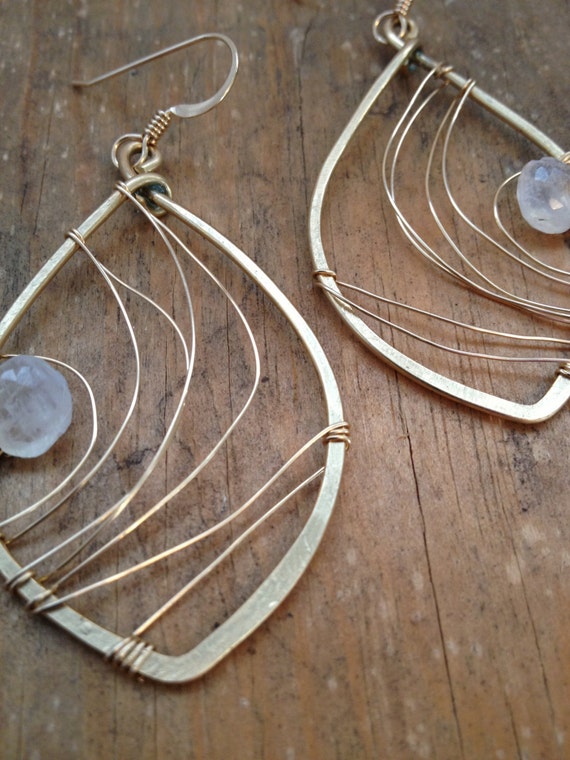 Items similar to Brass Abstract Wire Wrapped Earrings w Moonstone on Etsy