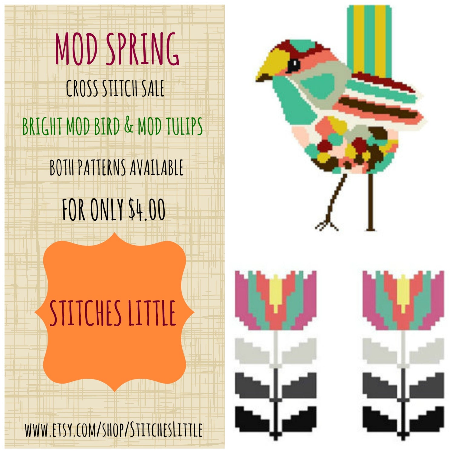 Retro Modern Cross Stitch Patterns - Cross Stitch Sale - Mod Bird ...