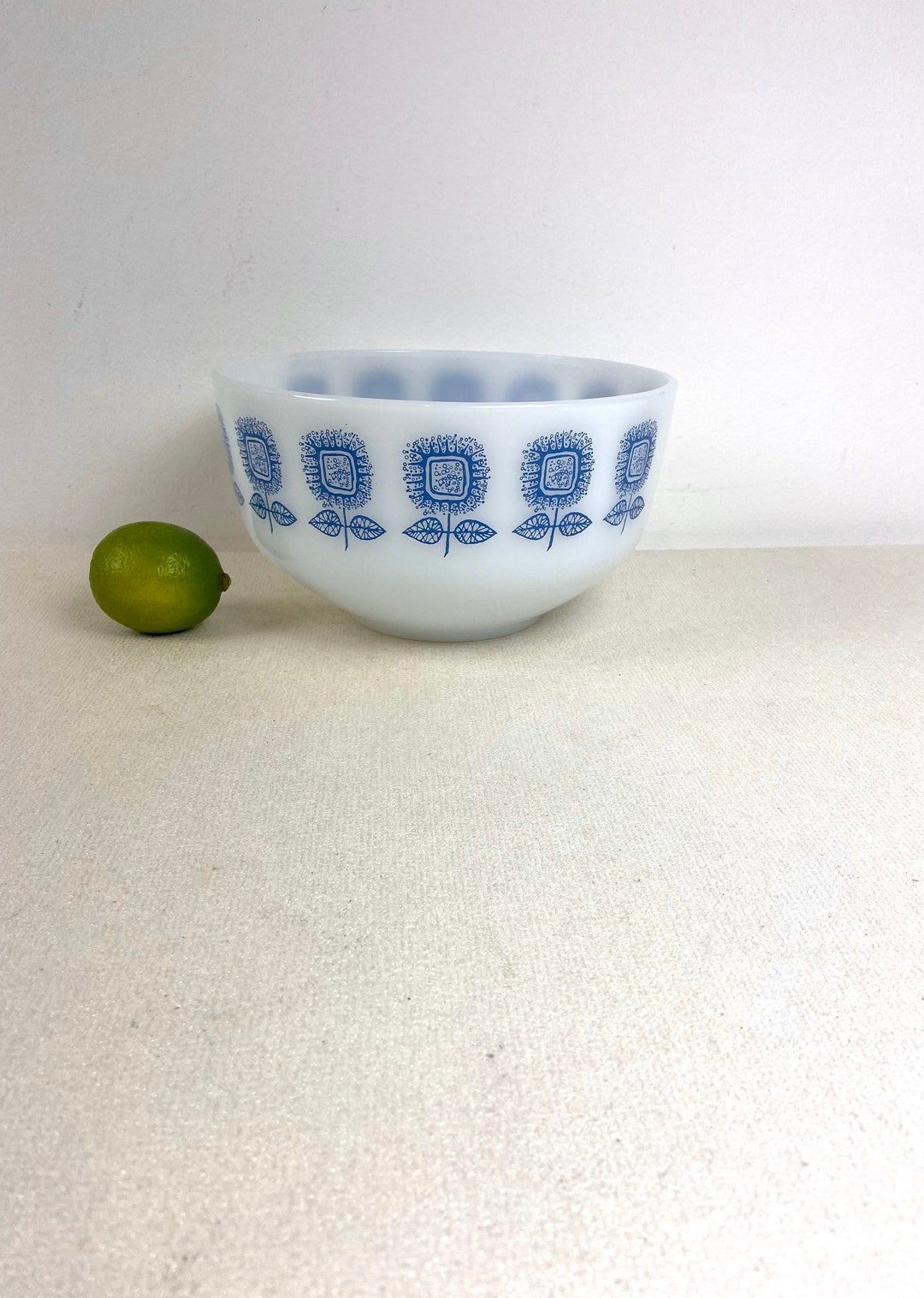 Federal Glass Mixing Bowl in White With a Blue Sunflower Pattern C1960s ...