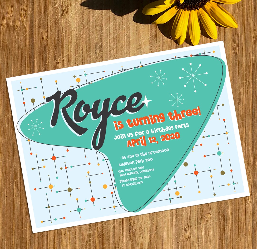 Mid Century Theme Birthday Party Invitation - Personalized, DIGITAL OR ...