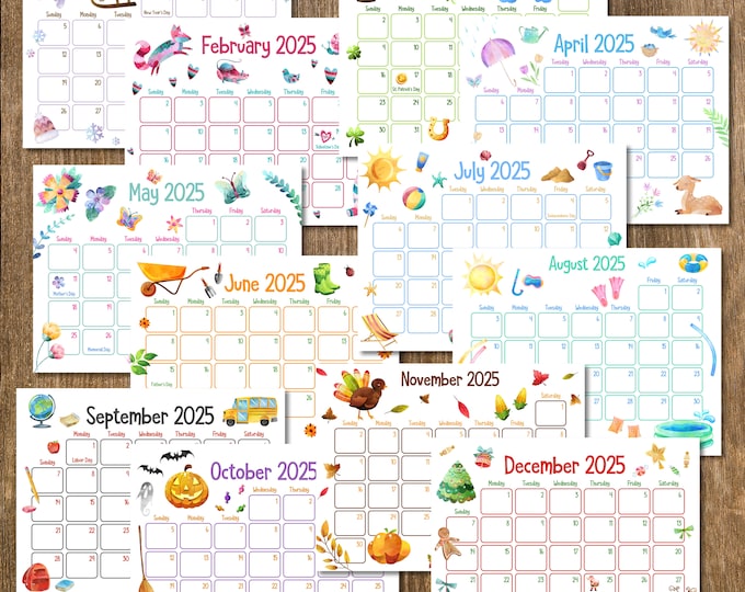 2024 Calendar for Kids - Printable and Editable, Watercolor Calendars ...