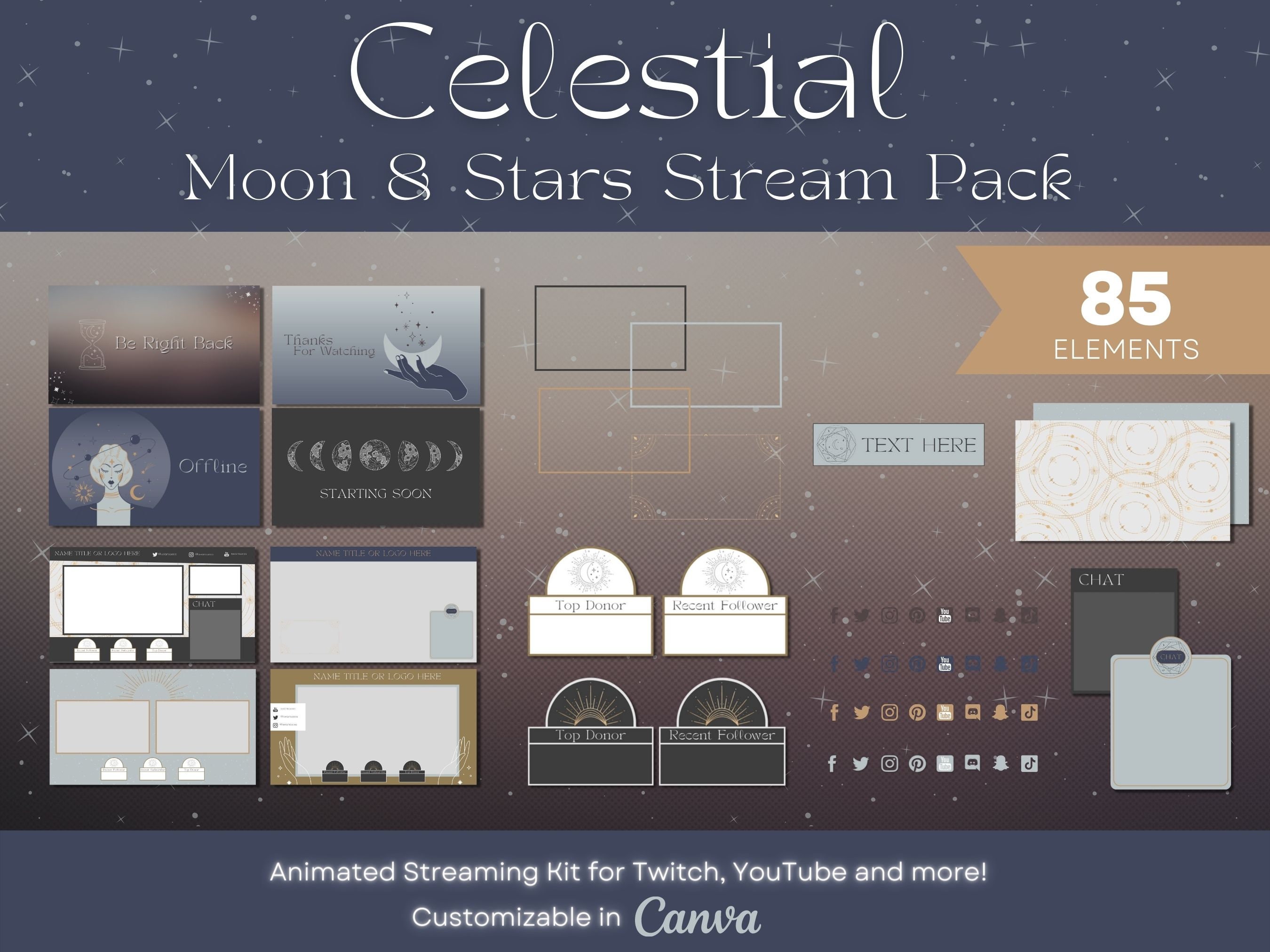 Celestial Moon and Stars Twitch Stream Overlay Package Twitch Overlay ...