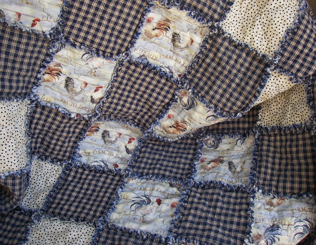 Country Rag Quilt, Farmhouse Rag Quilt, Roosters Rag Quilt, Blue, - Etsy