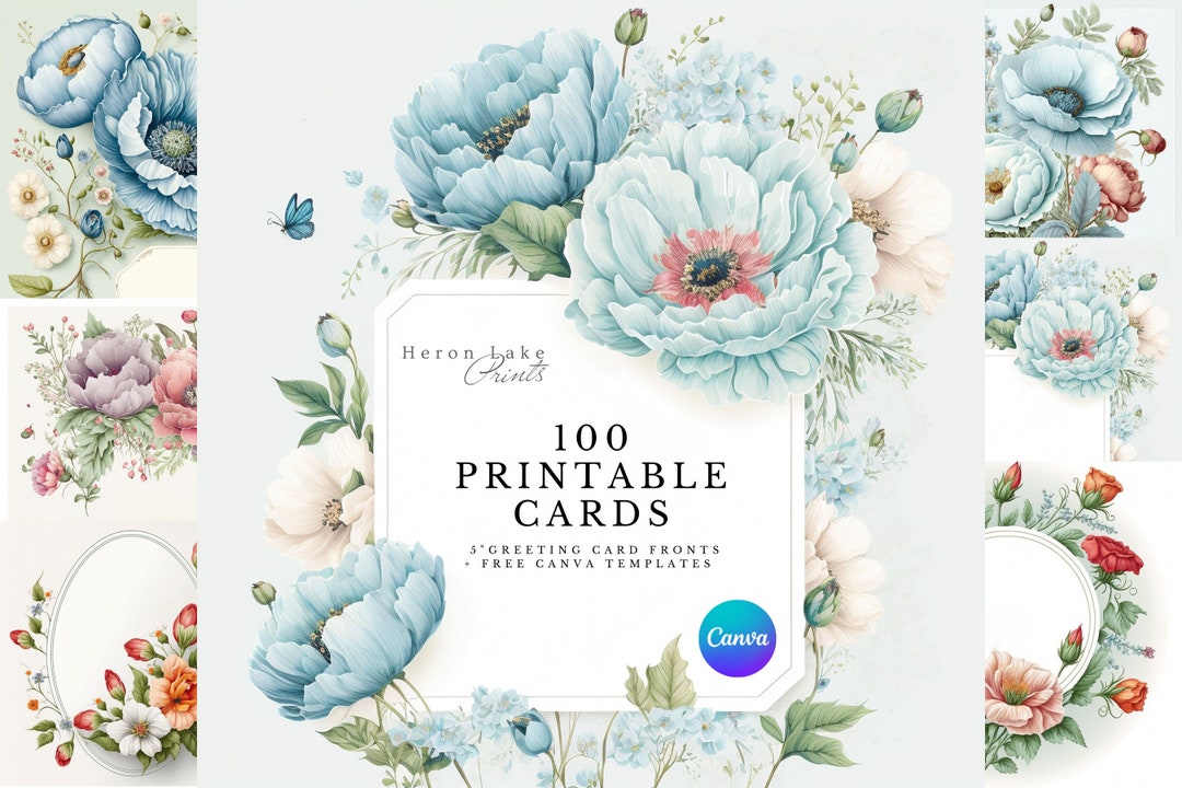 Printable Floral Cards: 100 Unique Art Designs, CANVA Templates (JPG ...