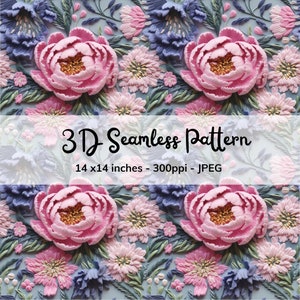 3D Faux Embroidery Pink Peonies IV Seamless Repeat Pattern Tile, Great ...