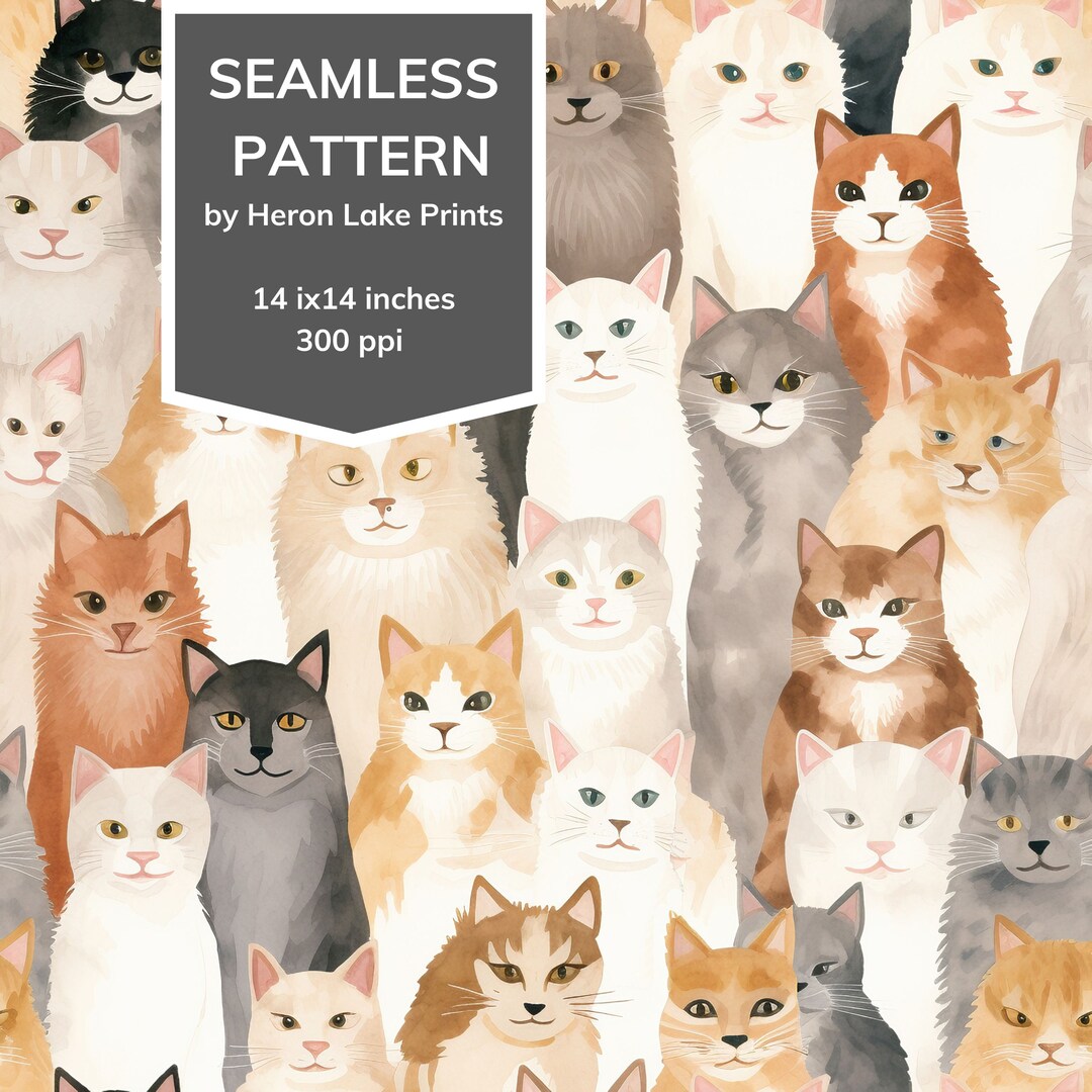 Watercolor Cats Seamless Pattern, Print on Demand, Commercial Use, Use ...