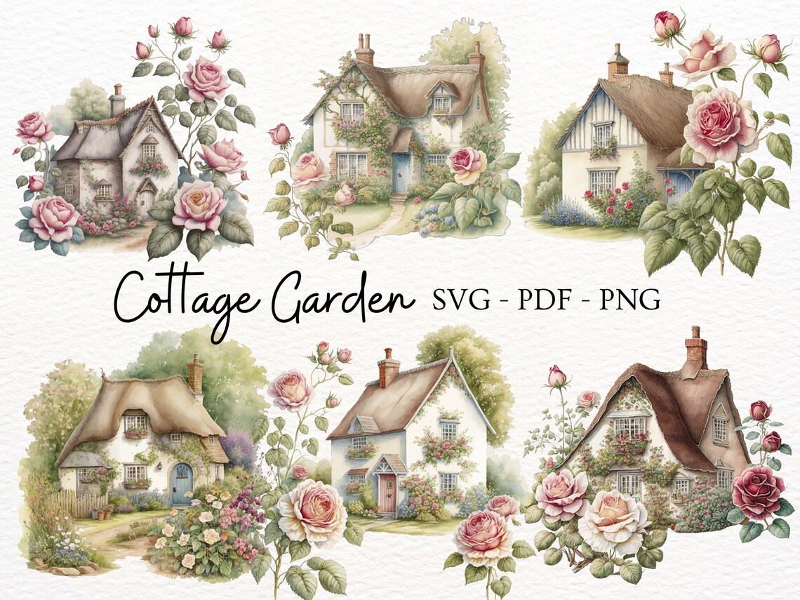 Cottage Garden Floral Clip Art: Shabby Chic SVG, PDF, PNG (6 Files) - Etsy
