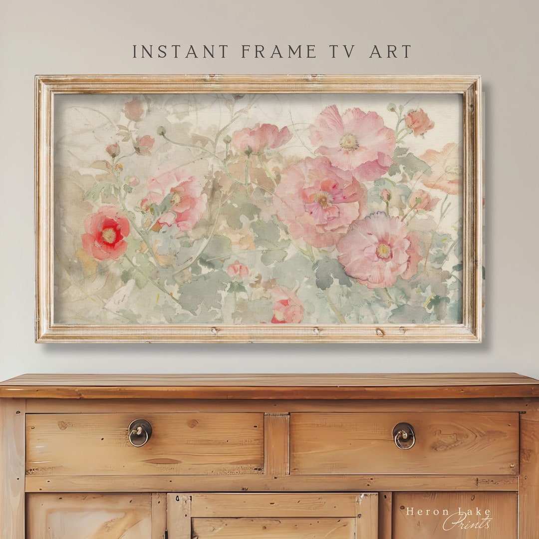 Japandi Pink Poppies Shabby Chic Floral Frame TV Art 4K HD 16X9 Samsung ...