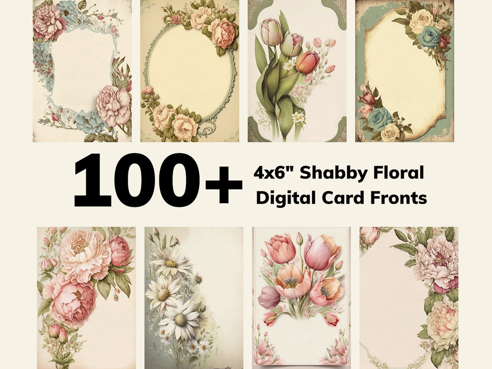 Printable Shabby Floral 4x6 Cards JPEG-PNG Set of - Etsy