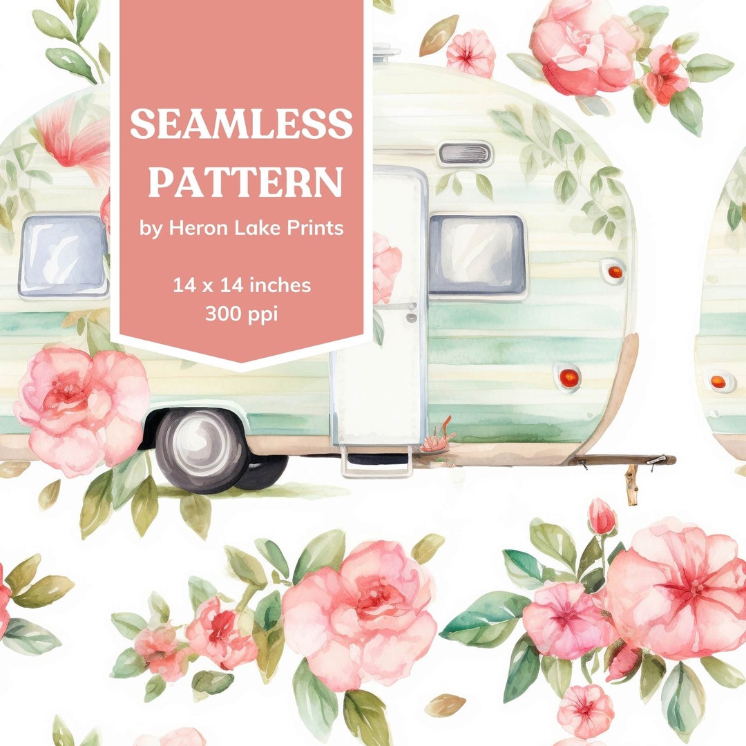 Retro Camper & Flowers Seamless Pattern: Pastel RV Design (digital ...