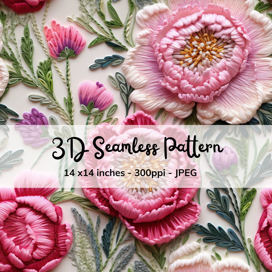 3D Faux Embroidery Pink Peonies V Seamless Repeat Pattern Tile, Great ...