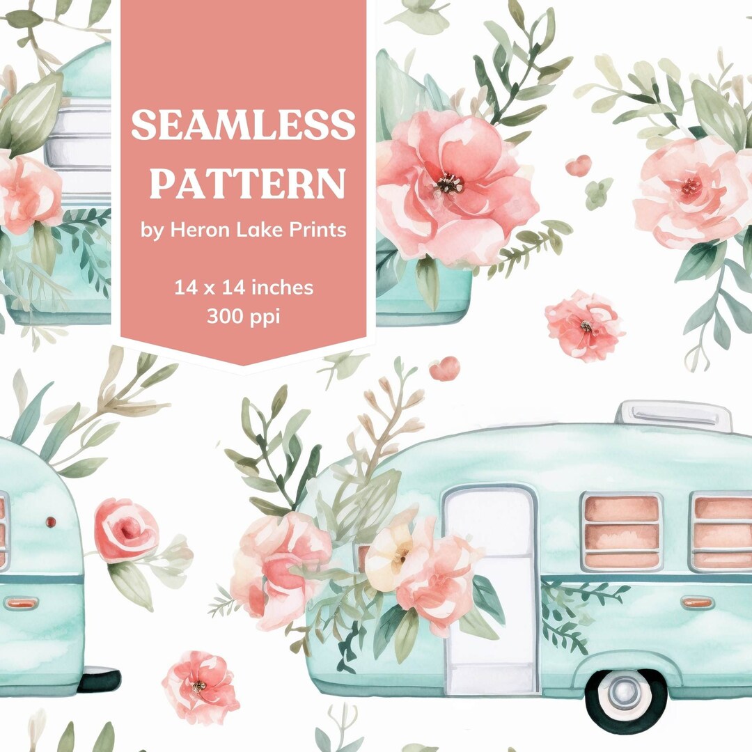 Retro Camper & Flowers, Pastel Colors, Seamless Repeat Pattern Tile ...