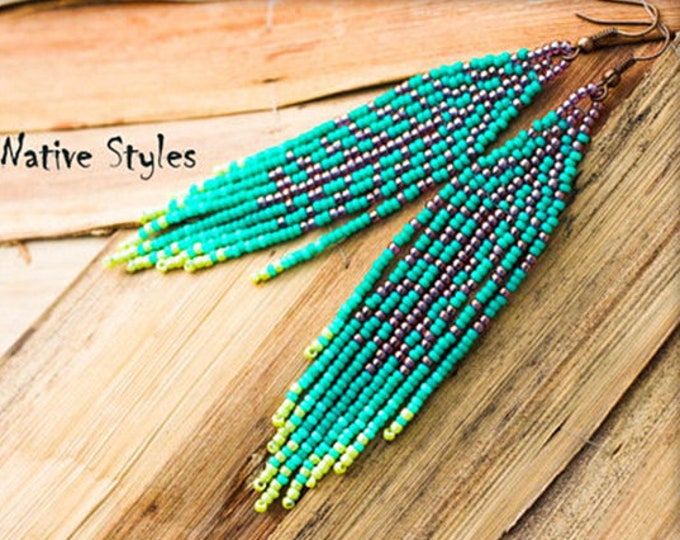 4"seed Beaded Feather Earrings,native Indian Style Turquoise ~bohemian ...