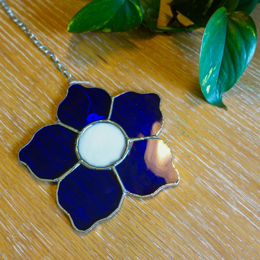 Blue Flower Stained Glass Suncatcher – 5.5" Handmade Floral Window ...