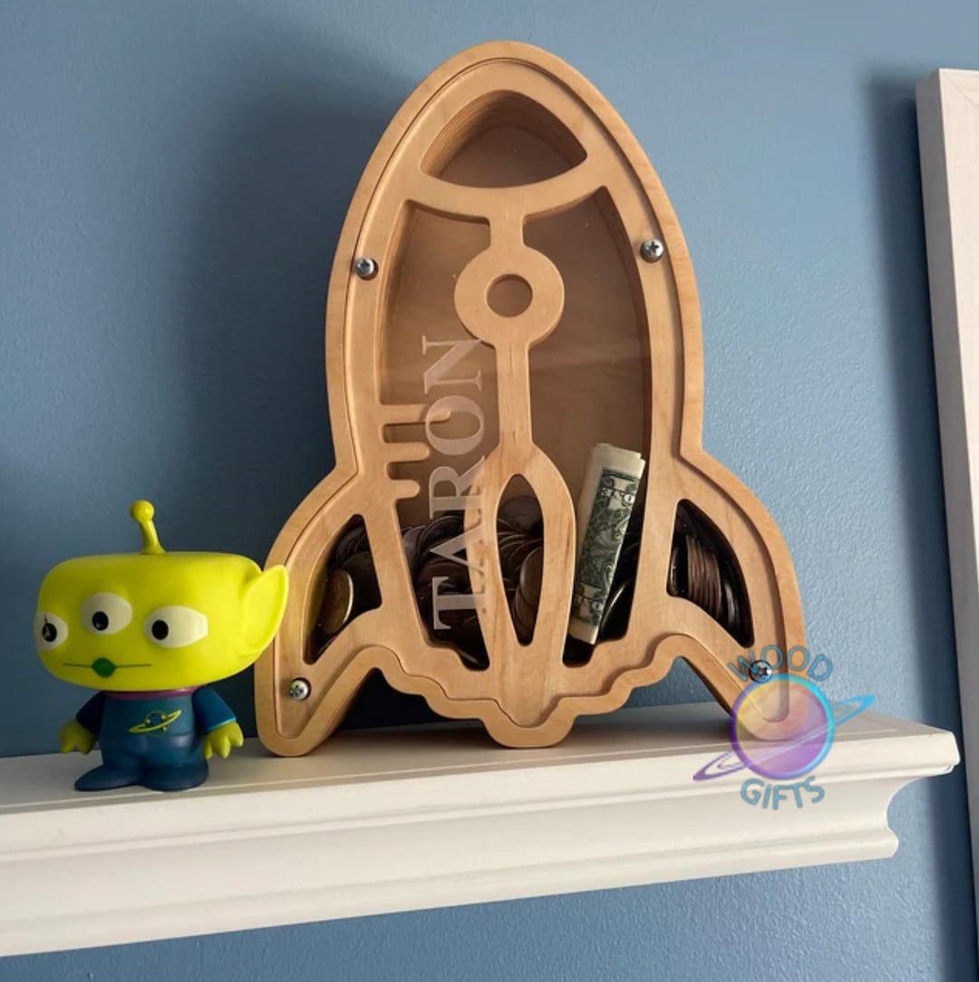 Personalized Rocket Ship Piggy Bank: Montessori Wooden Toy Gift - Etsy