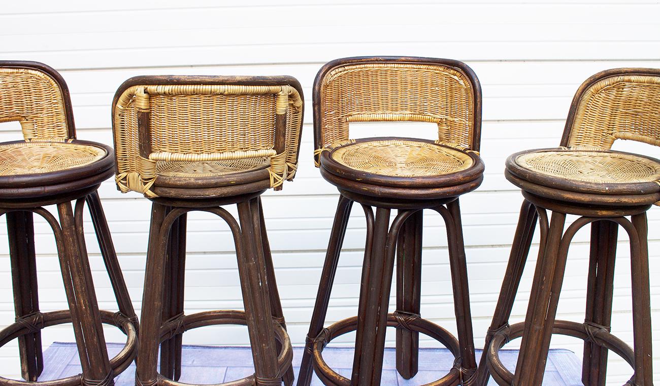 Set of 4 Mid-century Rattan Swivel Barstools - Etsy
