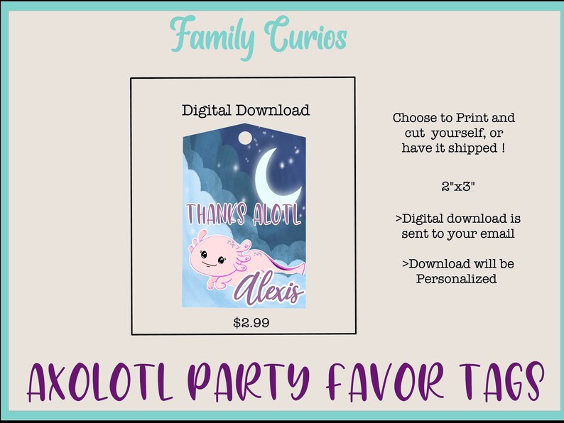Personalized Axolotl Birthday Tag - Custom Party Favor Decor - "thanks ...