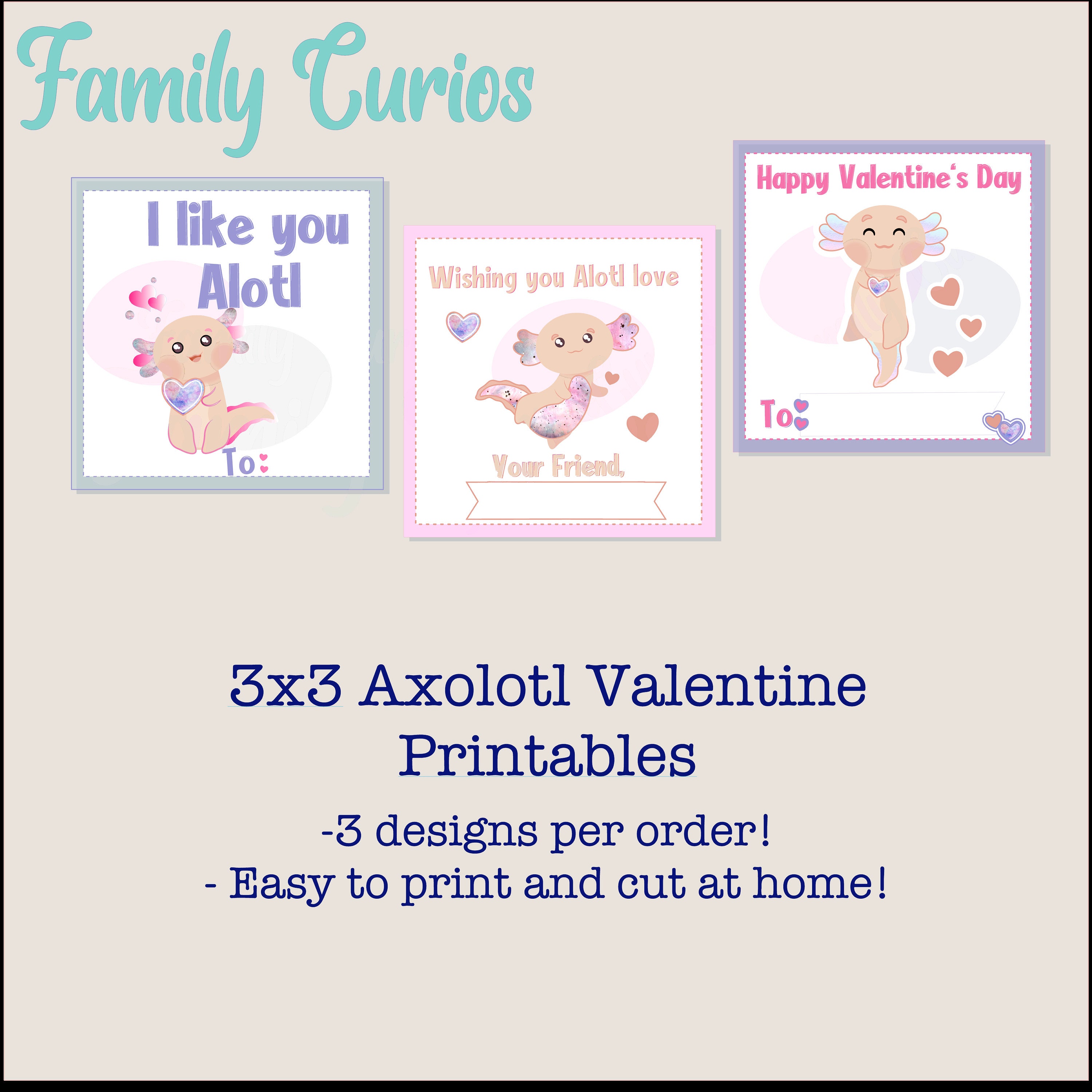Printable Valentines Day Cards for Kids, Valentine Tags, Axolotl ...