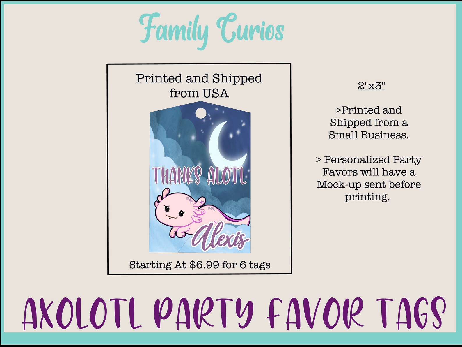 Personalized Axolotl Birthday Tag - Custom Party Favor Decor - "thanks ...