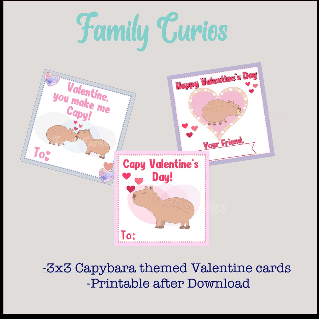Printable Capybara Valentines Day Cards for Kids, Valentine Tags ...