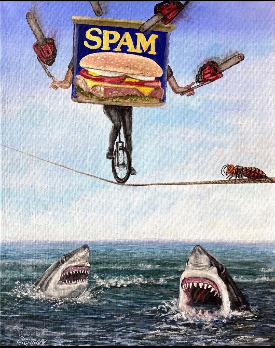 Spam Risk, a Can of Spam, Doing a Tight Rope on a Unicycle Over Some ...