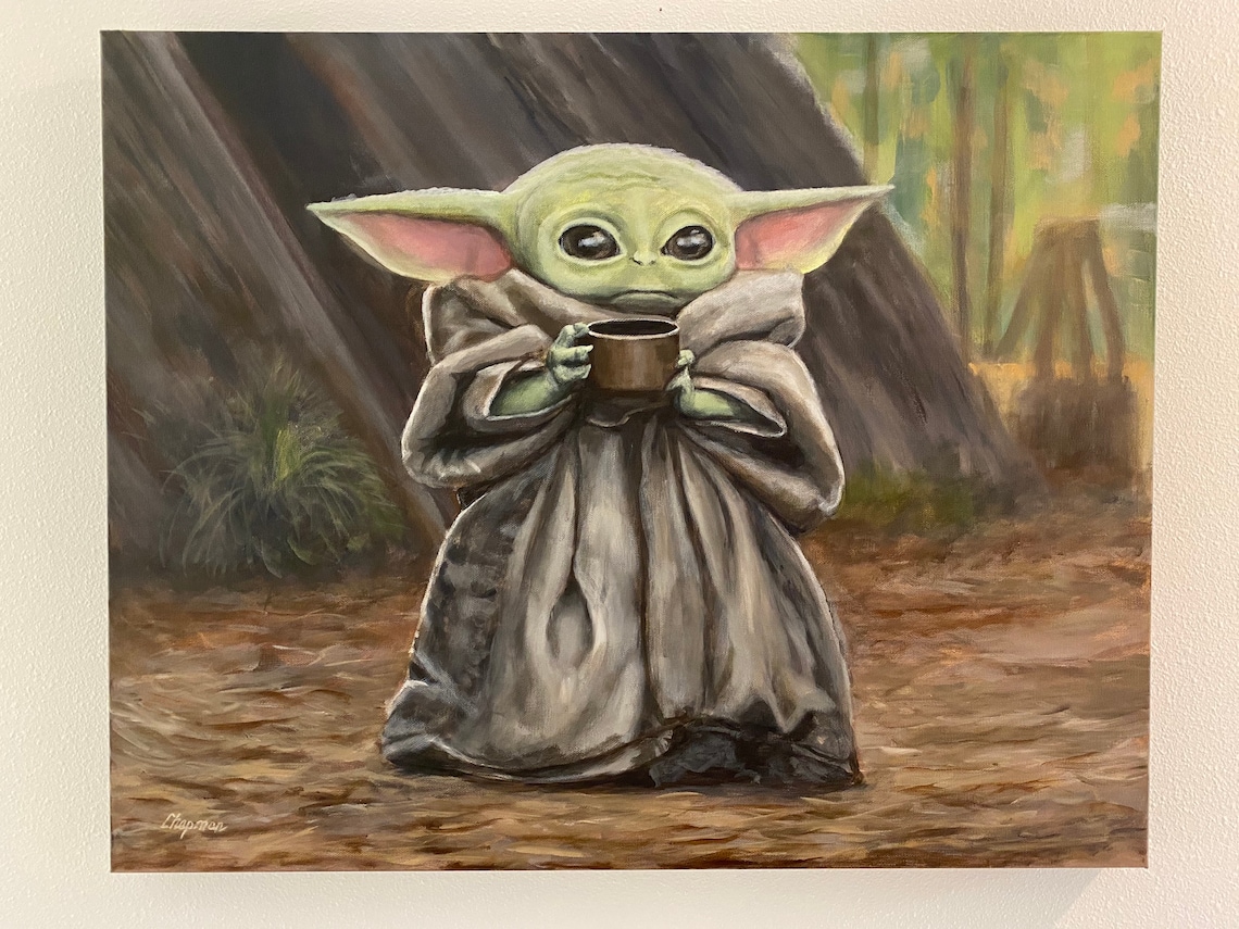 Baby Yoda Drinking Coffee 24 X 30 Original Acrylic Painting - Etsy UK