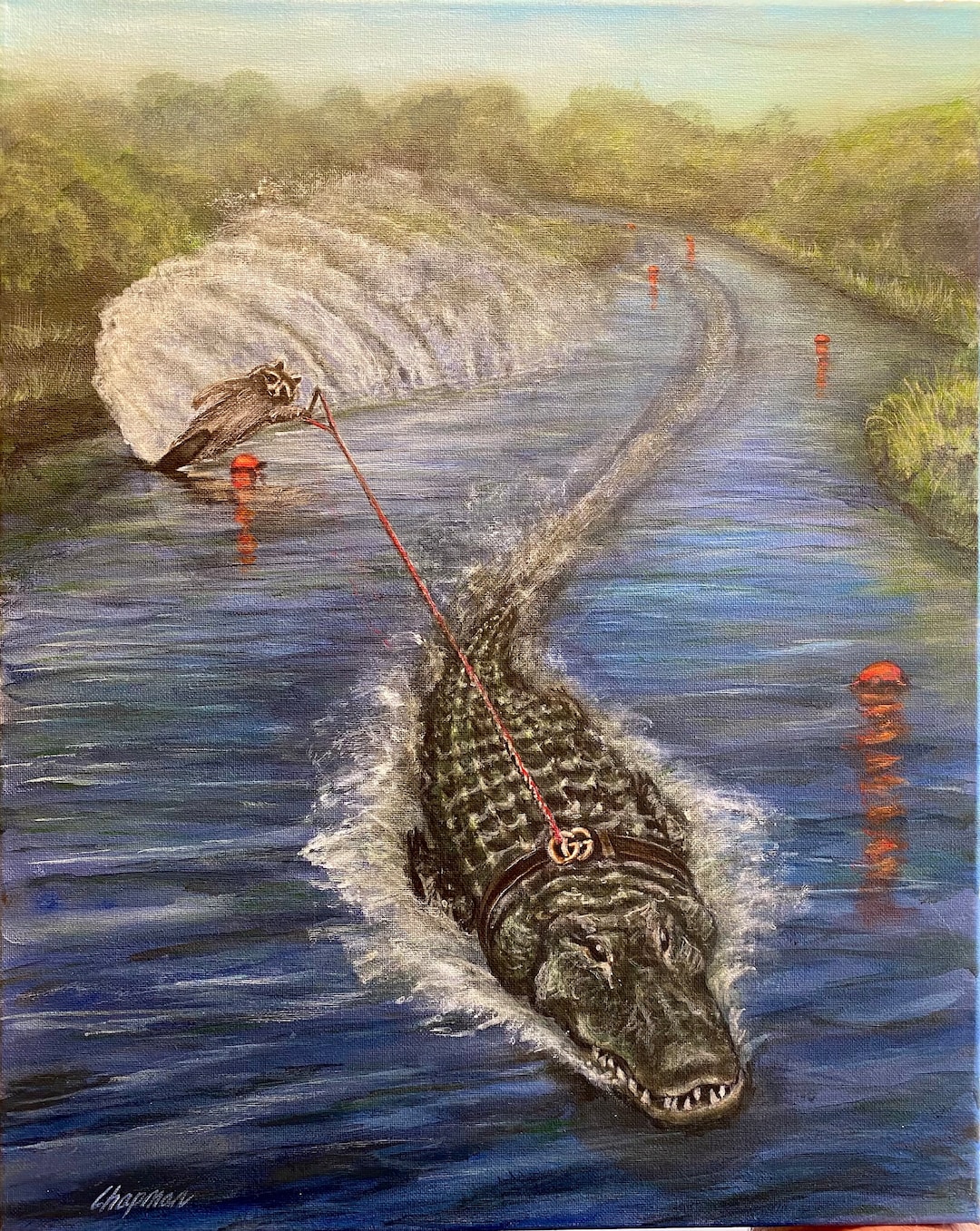 Raccoon Water Skiing Behind an Alligator With His Friend. Turtle Slalom ...