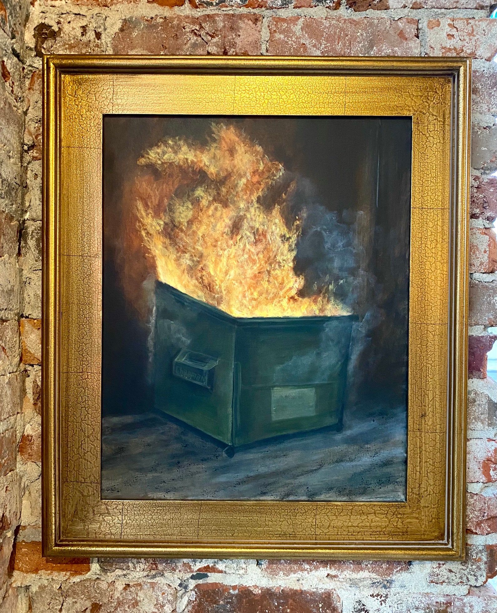 Dumpster fire 16x20 original acrylic painting with gold | Etsy