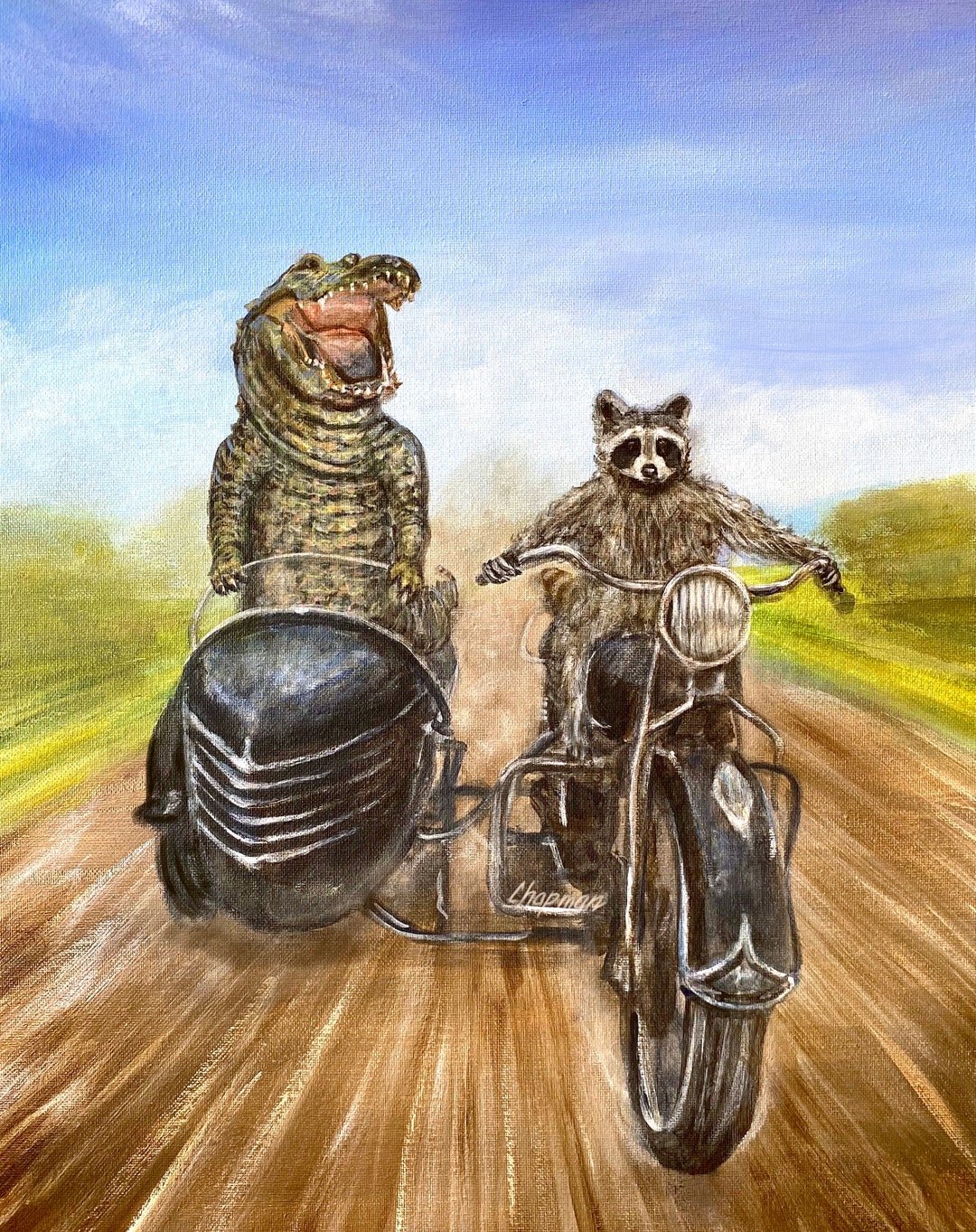Raccoon and an Alligator Go for a Ride on a Motorcycle With a Sidecar ...