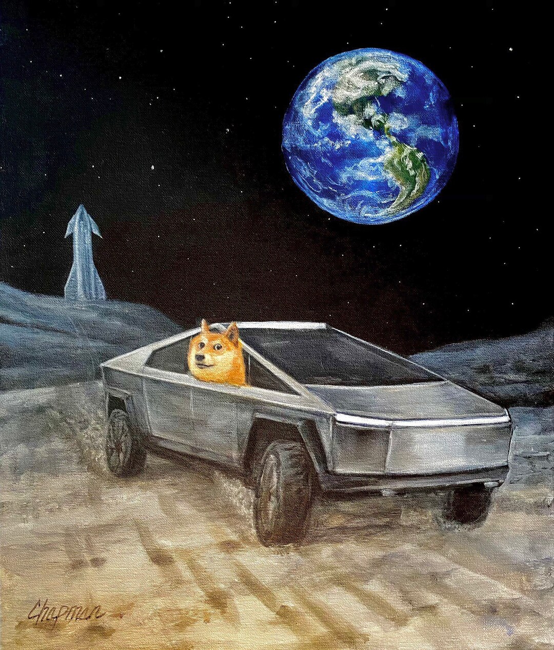 16x20 Print. Tesla Truck With Dog Meme Doge Driving on the Moon With ...