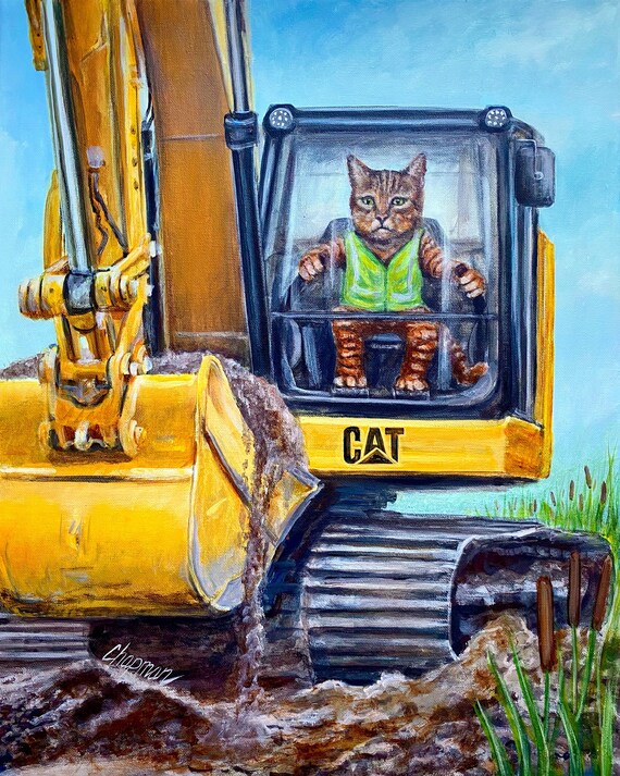 Cat Operator. Cat Driving a Caterpillar Backhoe Tractor. - Etsy