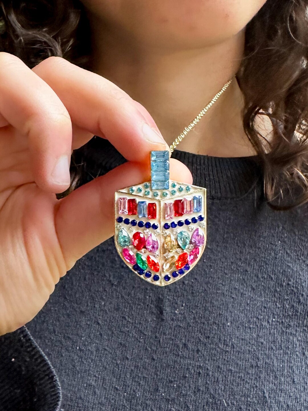 Hanukkah Gift Idea Dreidel Necklace With Rhinestone Necklace Holiday ...