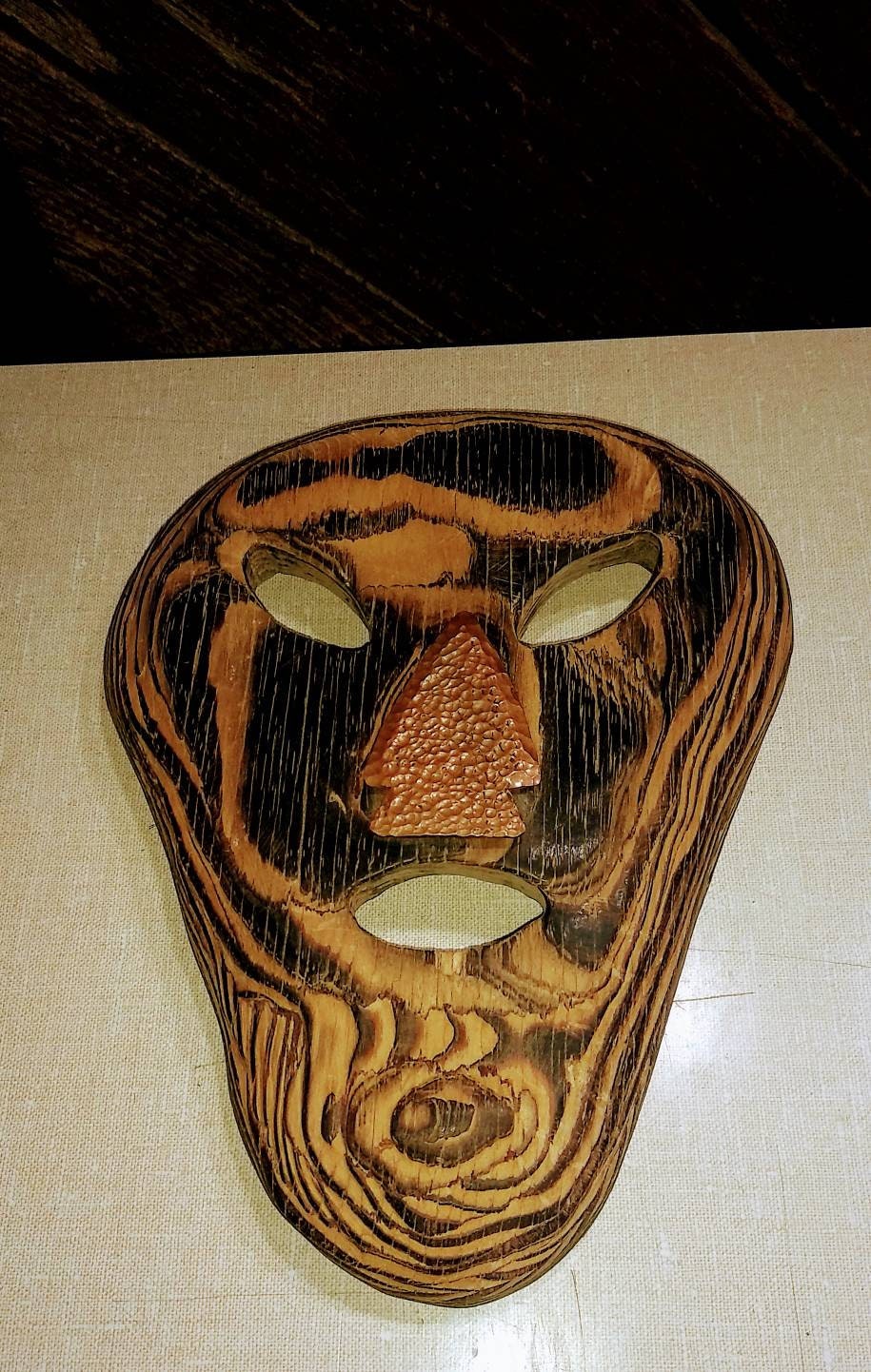 Unique Face Mask Made of Laminated Wood W/ Hammered Copper Arrowhead ...