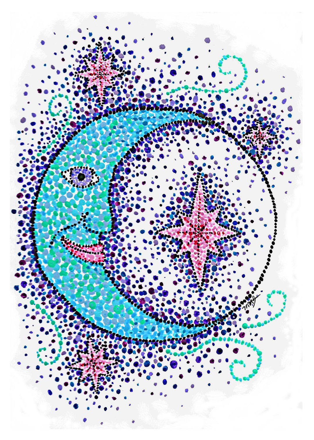 Moon - Reproduction of Original Acrylic Stipple Painting 5x7 - Etsy