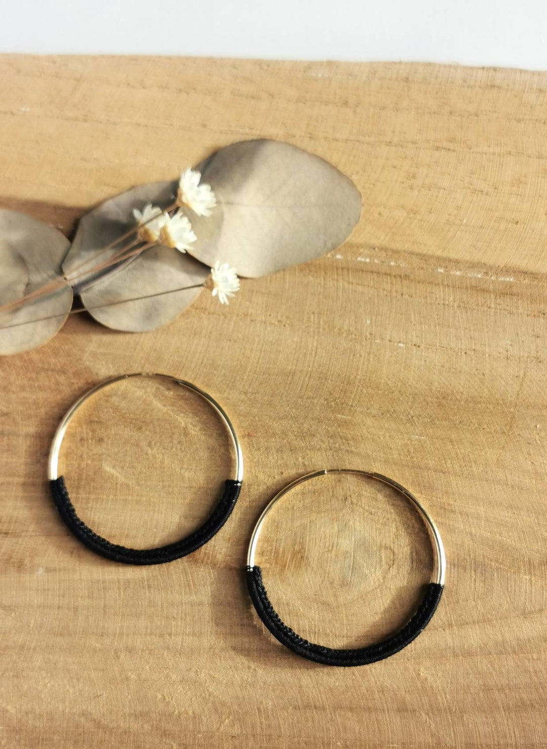 Creoles 40mm Black Large Rings in Gold-filled Gold 14k Crocheted Thread ...