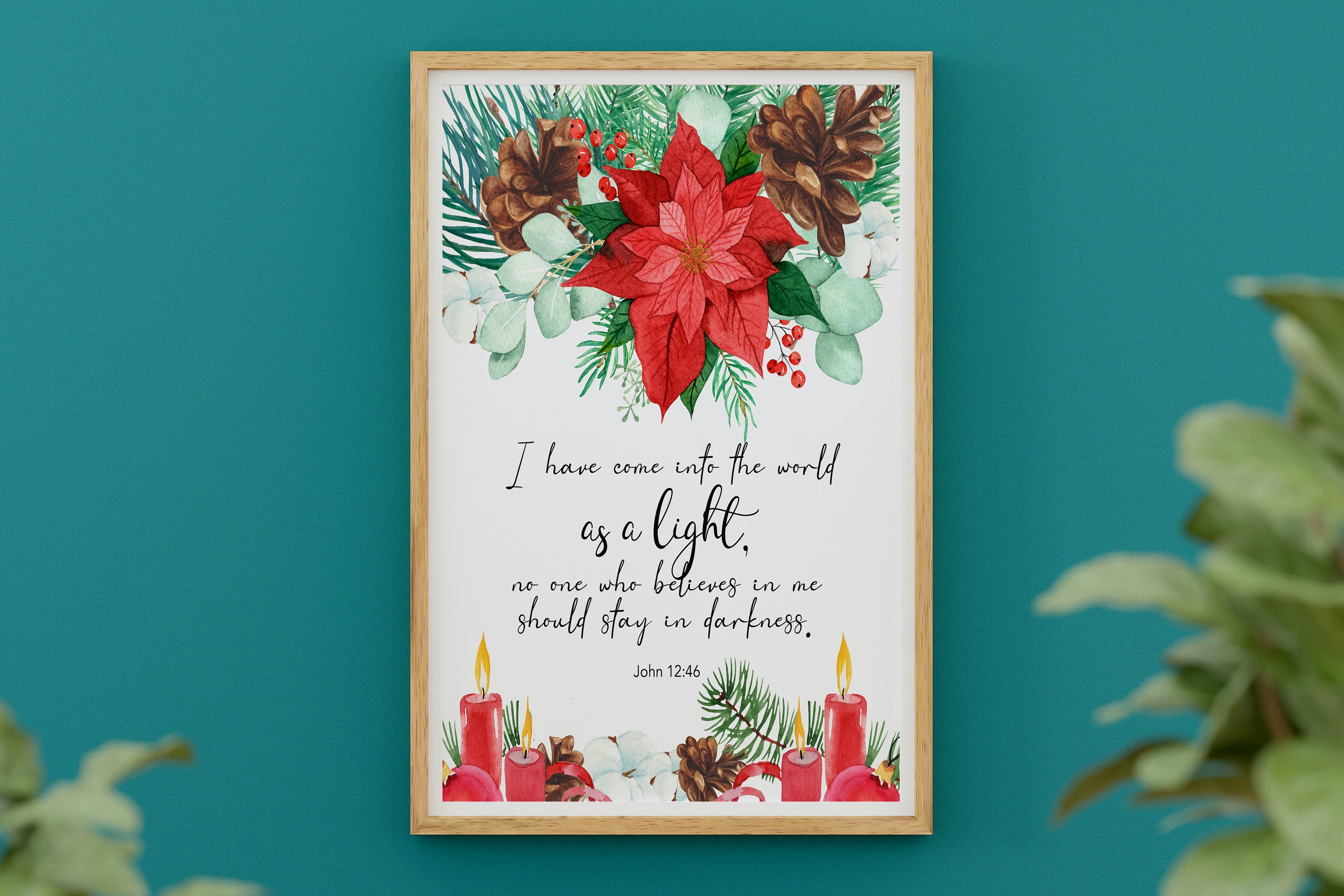 John 12 46 | Jesus is the Light | Poinsettia Candle Christmas Wall Art ...