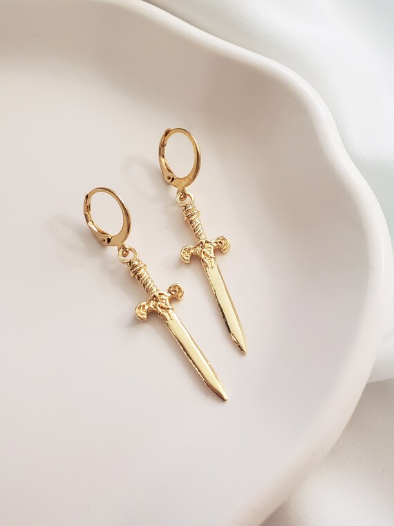 Gold Long Sword Hoop Earrings . Vintage 90's Grunge Dagger | Etsy