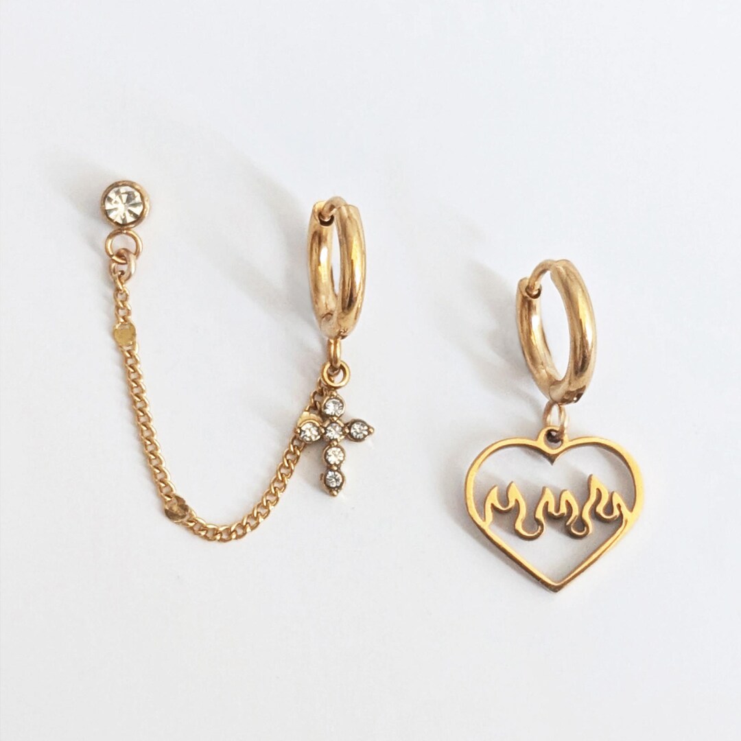 Clueless Earring Set . Flame Heart and Mini Cross Chain Hoops Earrings ...