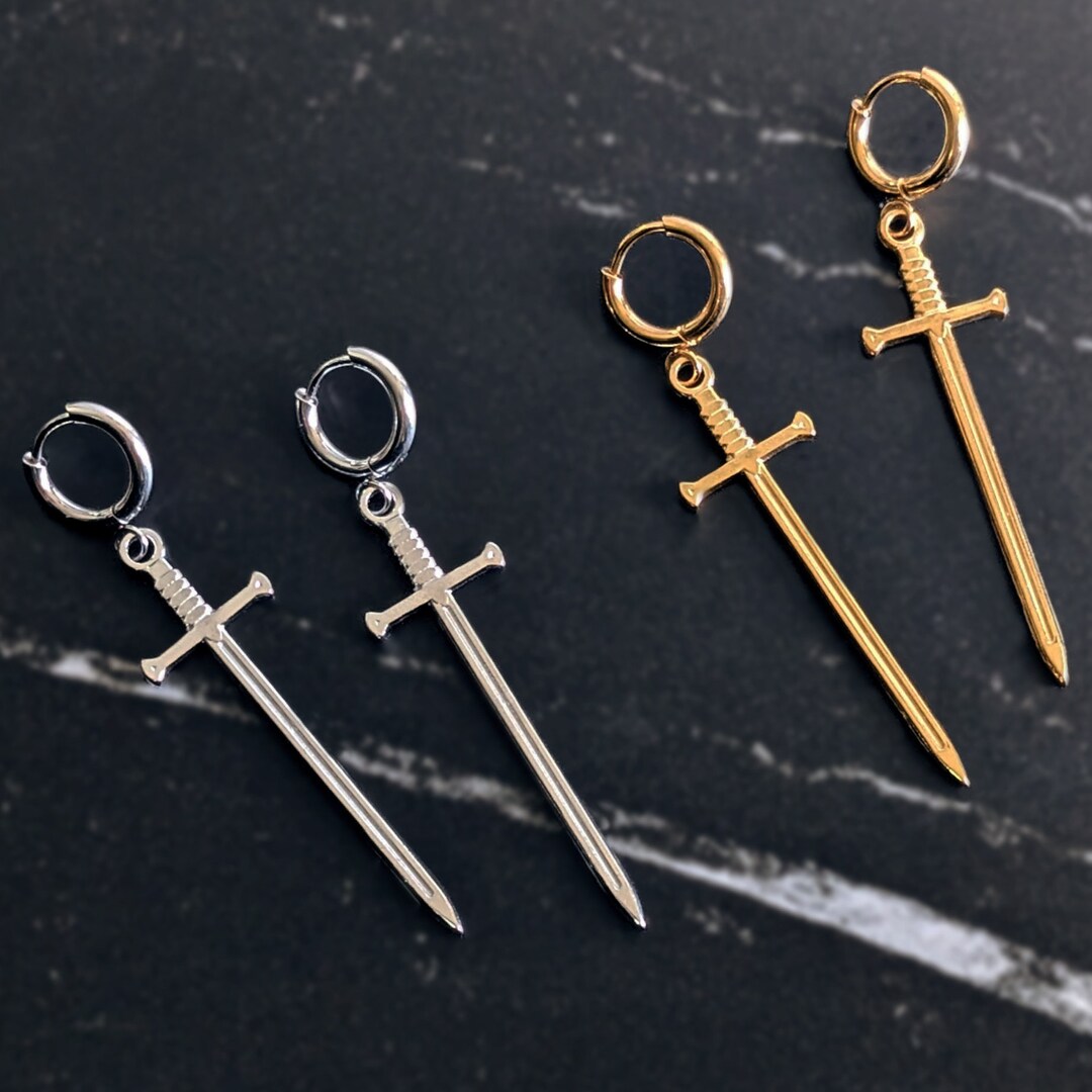 Gold Long Sword Hoop Earrings . Vintage 90's Grunge Silver Dagger Hoops ...