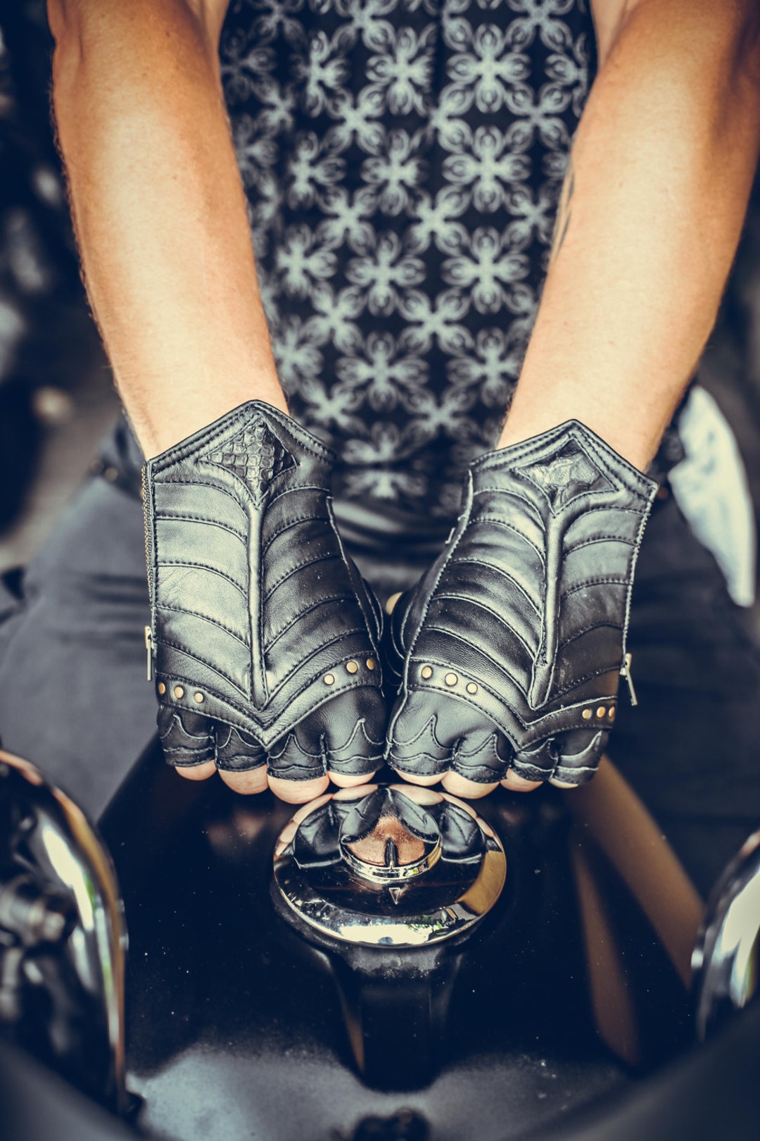 Leather Enarmored Fingerless Leather Gloves- Unisex | Python | Festival ...