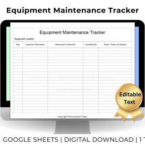 Equipment Maintenance Tracker Text Editable Repair and Preventative ...