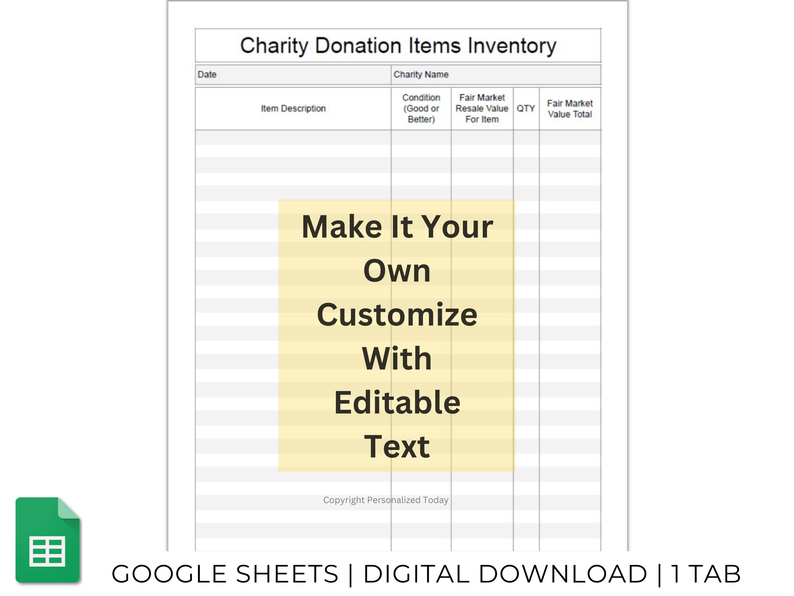 Non Cash Charity Donation Items Inventory Text Editable Template for ...