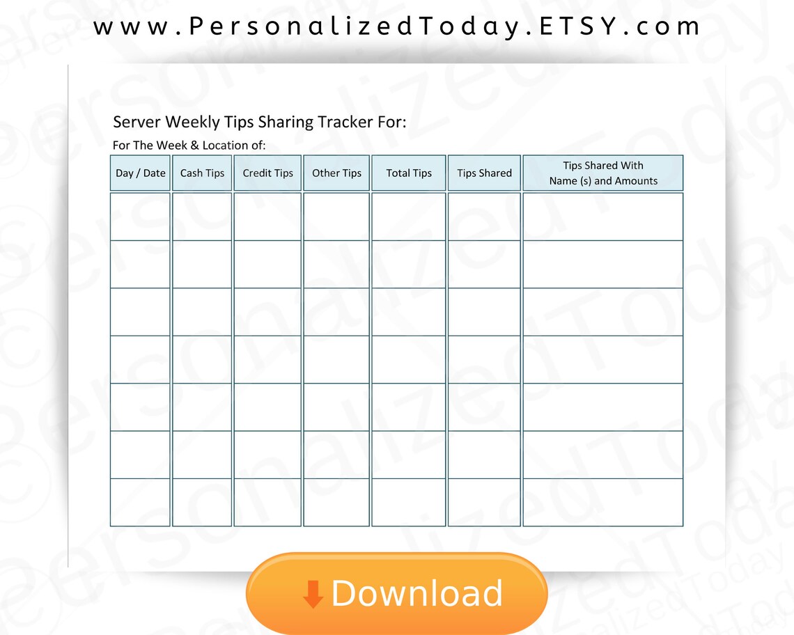 Server Tips Tracker Sheet for Tip Sharing PDF Digital Download US ...