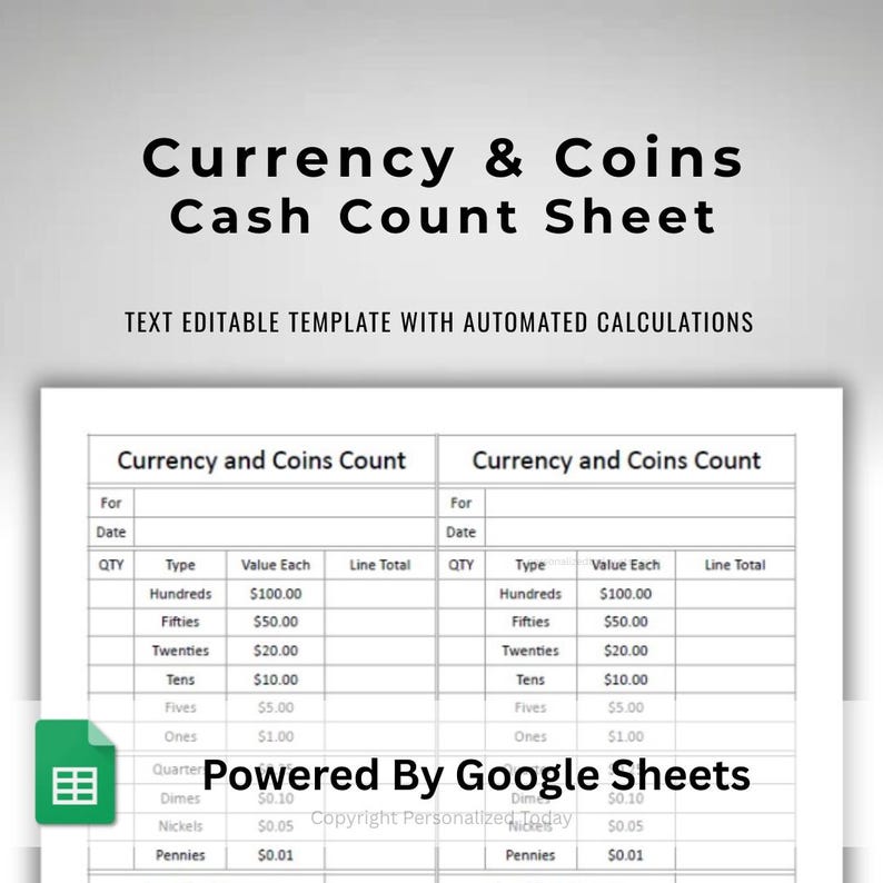 Currency and Coins Cash Count Sheet Text Editable Google Sheets ...