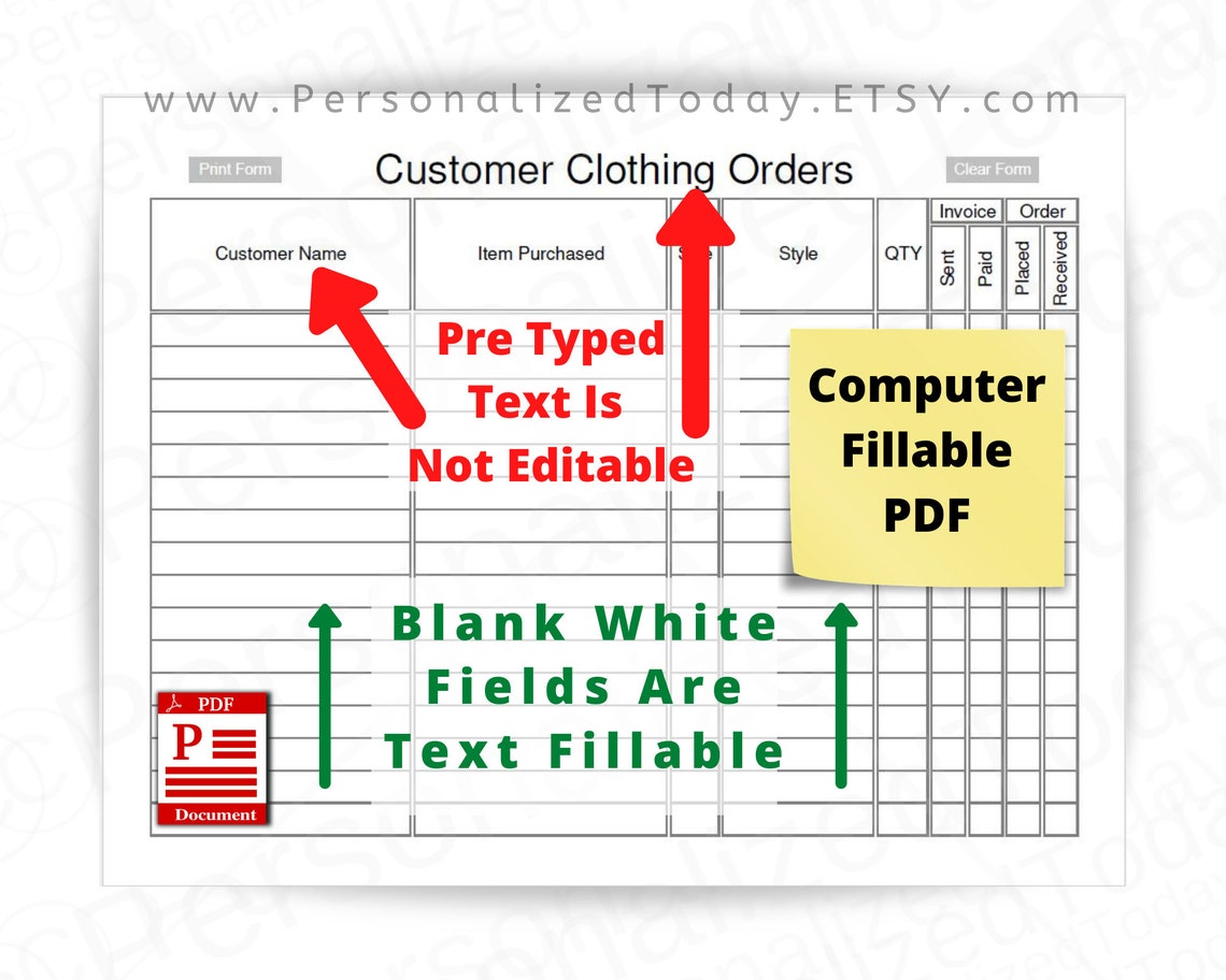 Apparel Clothing Orders Form Fillable and Print and Write PDF - Etsy
