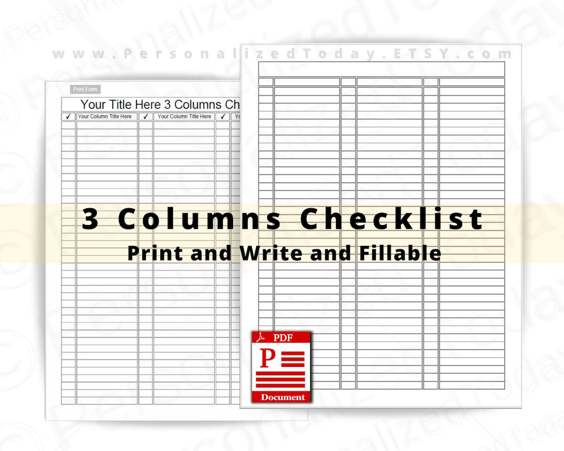 3 Columns Checklist Fillable and Print and Write PDF Digital | Etsy