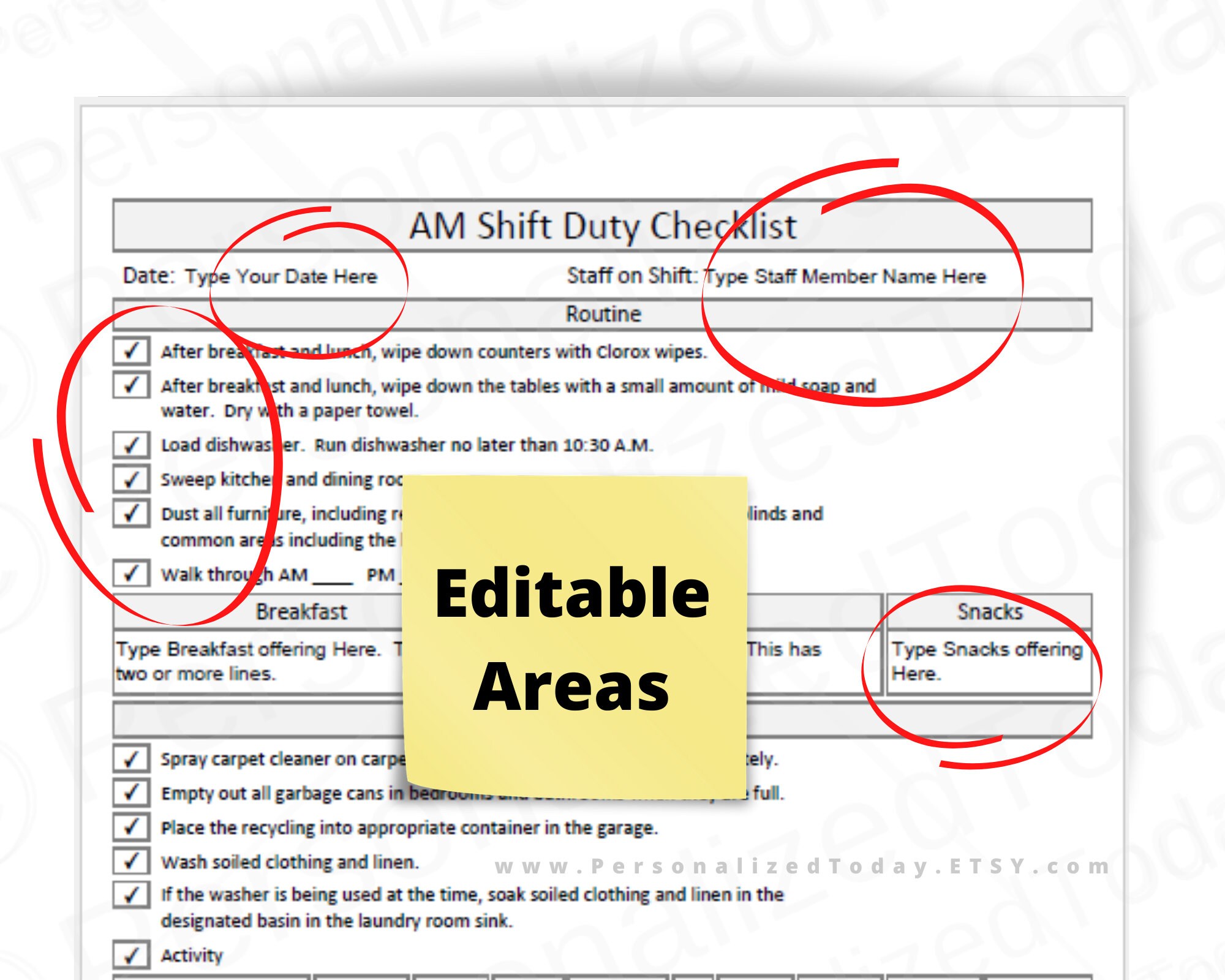 Assisted Living Shift Checklists for A.M., P.M. and NOC Shifts Digital ...
