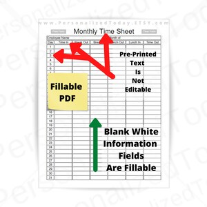 Monthly Employee Timesheet Fillable and Printable PDF Digital Download Files US Letter Size ...