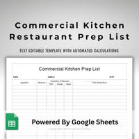 Commercial Kitchen Prep List - Restaurant Prep Sheet - Ingredient ...
